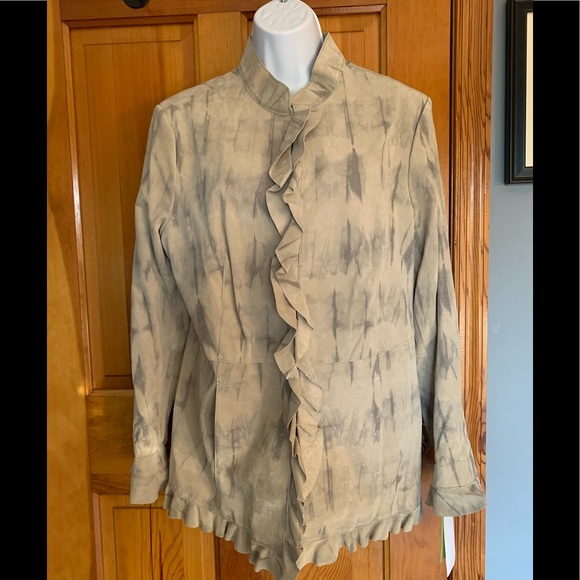 Carlos Falchi | Jackets & Coats | Chi By Carlos Falchi Tan Leather Jacket With Ruffled Front Nwt ...